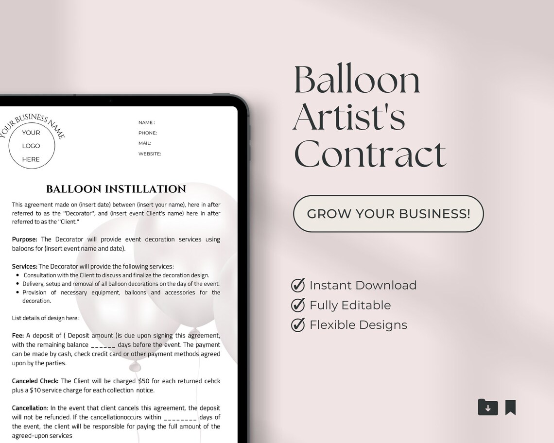 BALLOON CONTRACT, Editable Balloon Artist Contract, Balloon Business ...