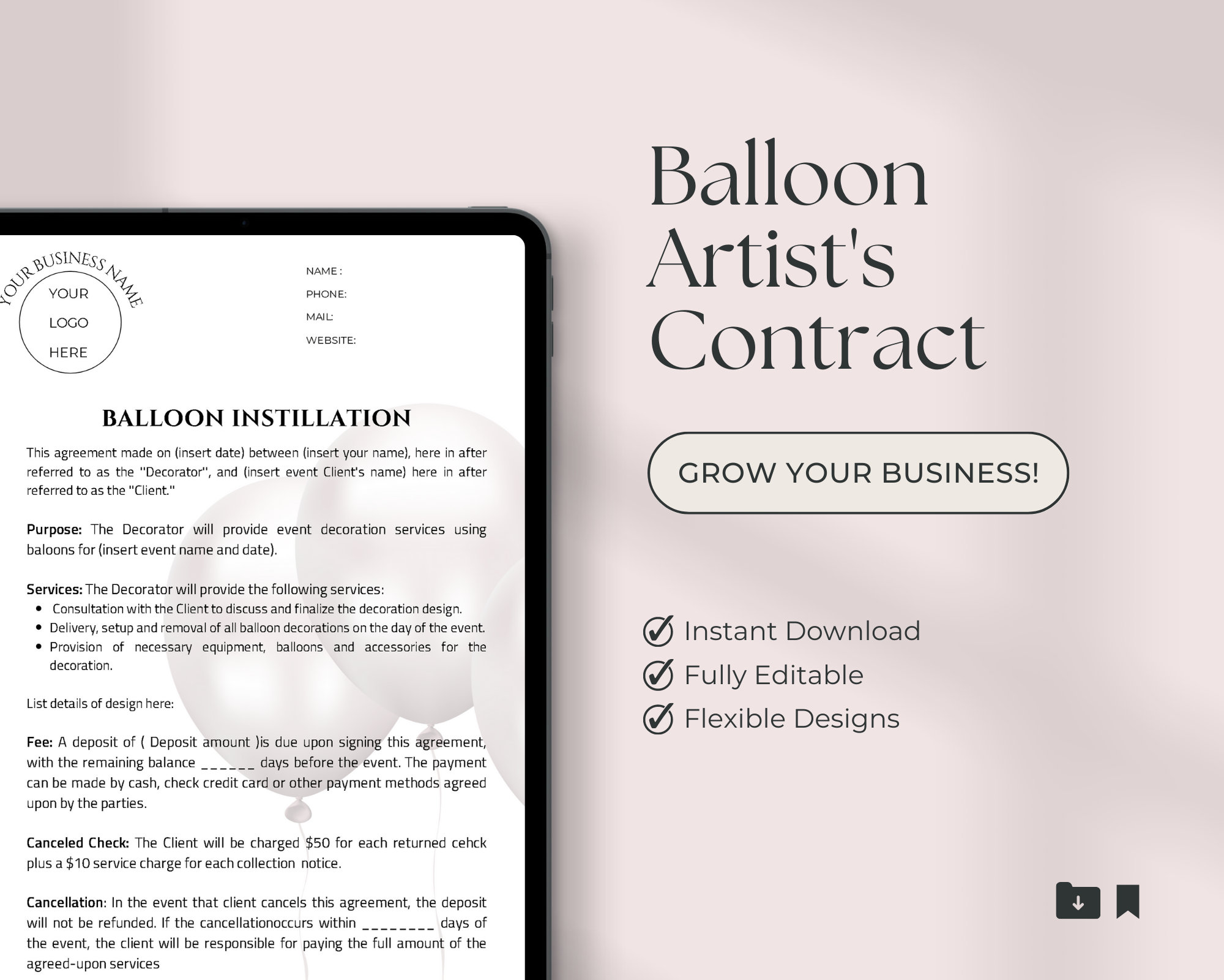 BALLOON CONTRACT, Editable Balloon Artist Contract, Balloon Business ...