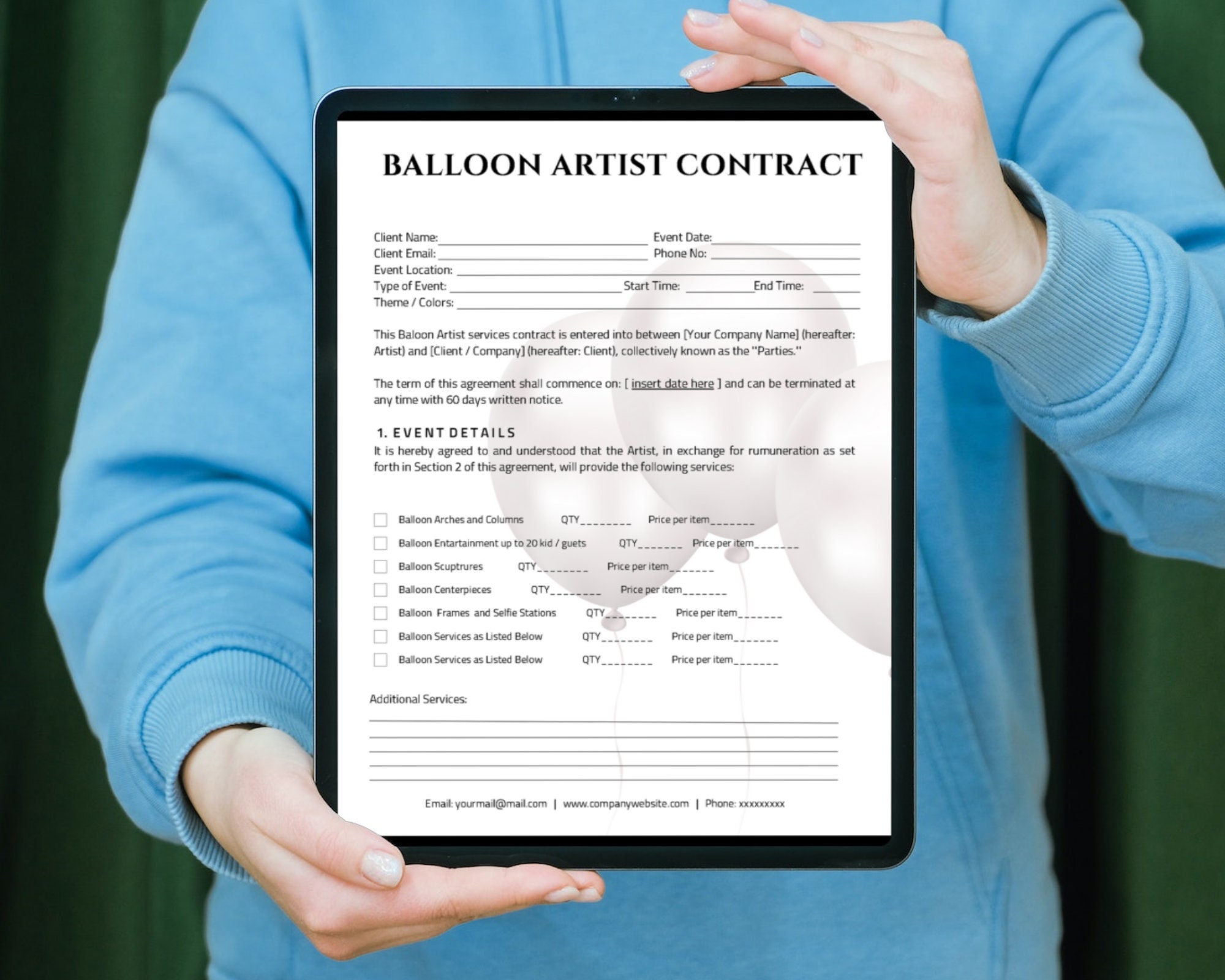 BALLOON CONTRACT, Editable Balloon Artist Contract, Balloon Business ...