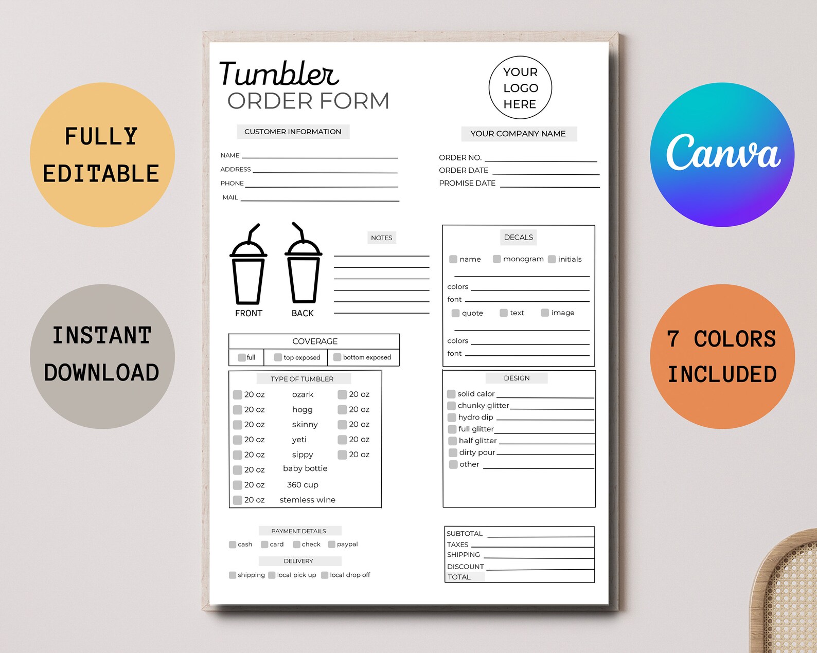 Tumbler Order Form, Editable Tumbler Order Form Template, Custom ...