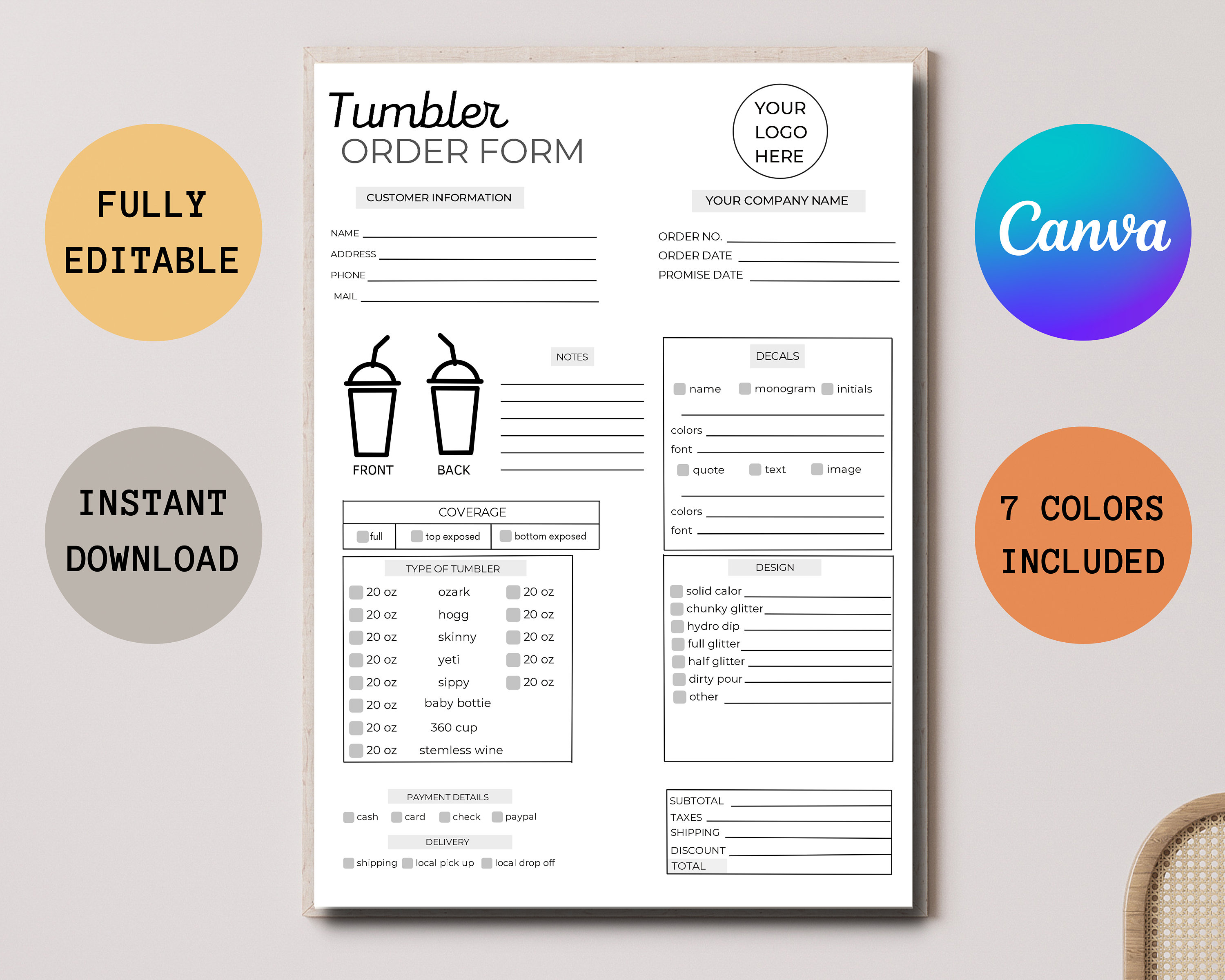 Tumbler Order Form, Editable Tumbler Order Form Template, Custom ...