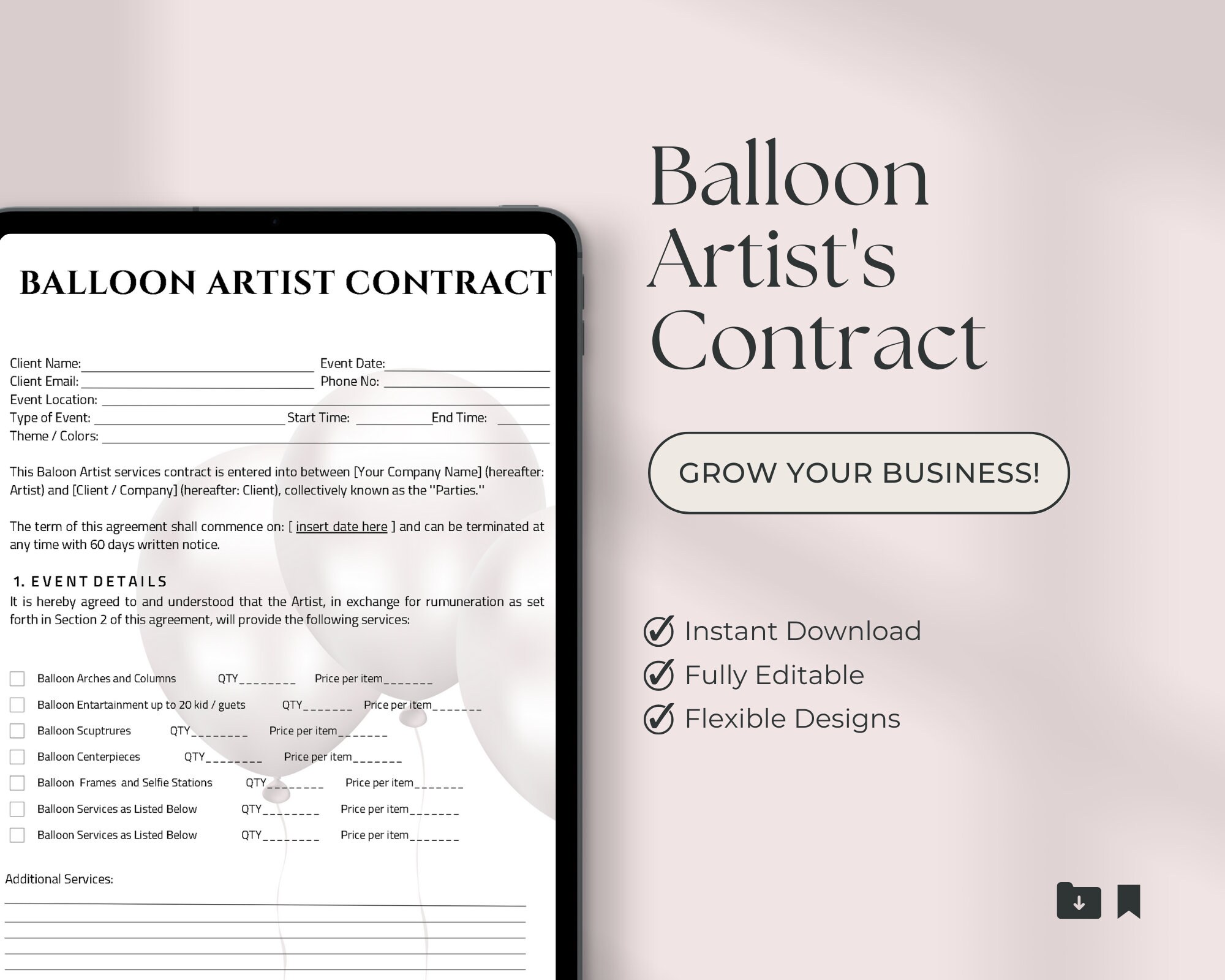 BALLOON CONTRACT, Editable Balloon Artist Contract, Balloon Business ...