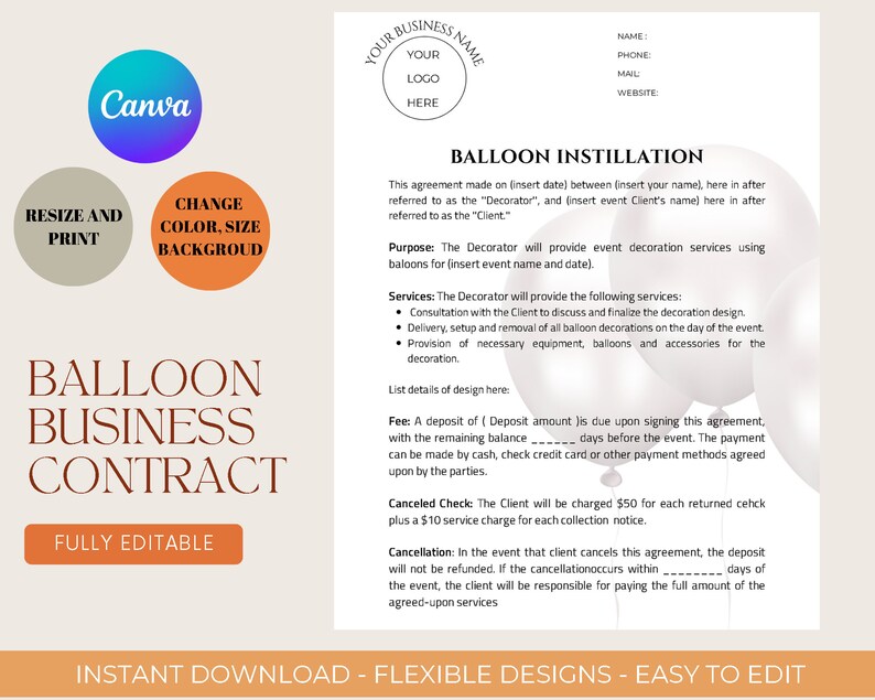 BALLOON CONTRACT, Editable Balloon Artist Contract, Balloon Business ...