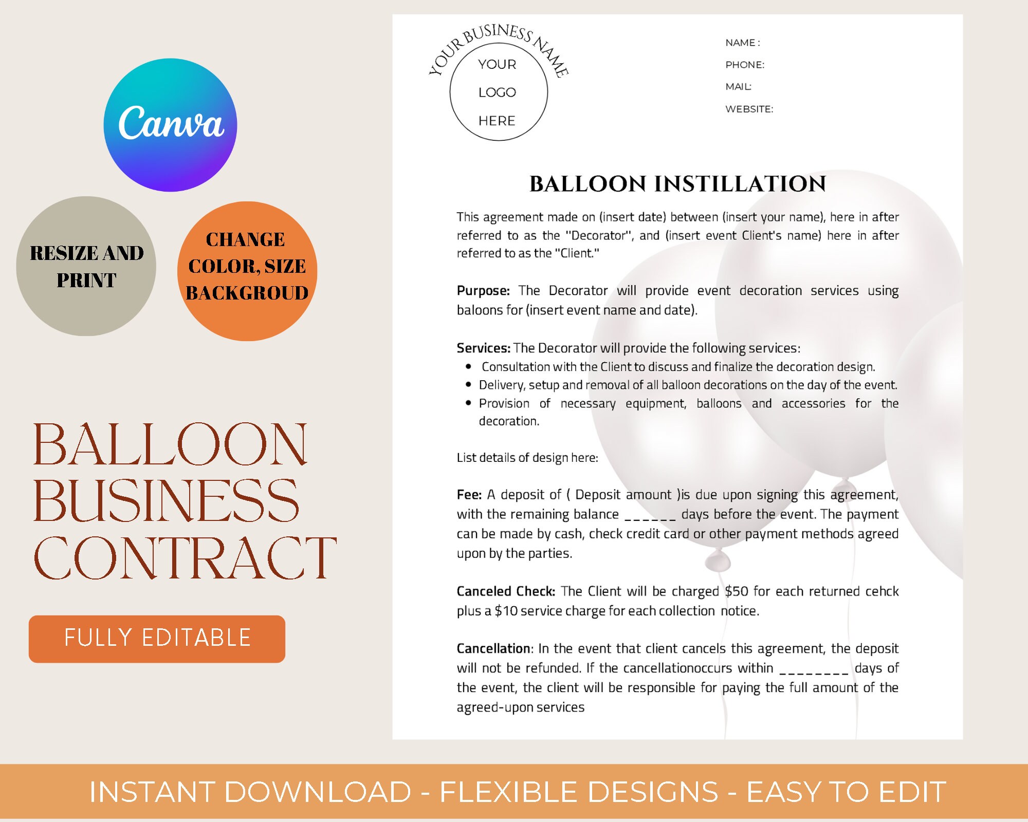 BALLOON CONTRACT, Editable Balloon Artist Contract, Balloon Business ...