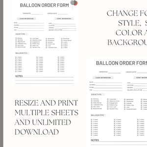 Balloon Order Form, Editable Balloon Order Form, Balloon Order Tracker ...