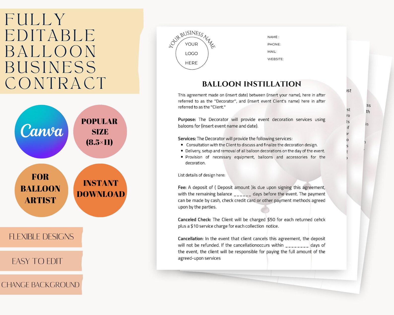 BALLOON CONTRACT, Editable Balloon Artist Contract, Balloon Business ...