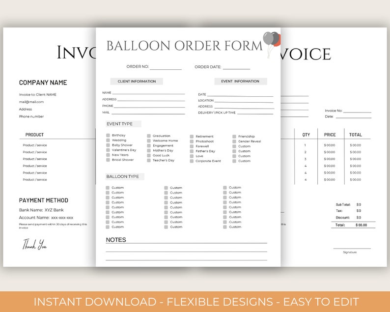 Balloon Order Form and Invoice Template, Balloon Order Form, Baloon Invoice, Balloon Menu ...