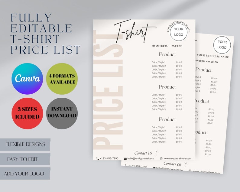 Tshirt Price List, Tshirt Pricing Template, Tshirt Price List Template ...