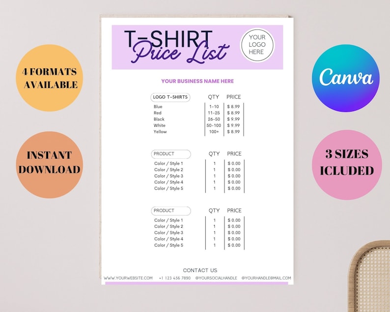 Tshirt Price List, Tshirt Pricing Template, Tshirt Price List Template ...