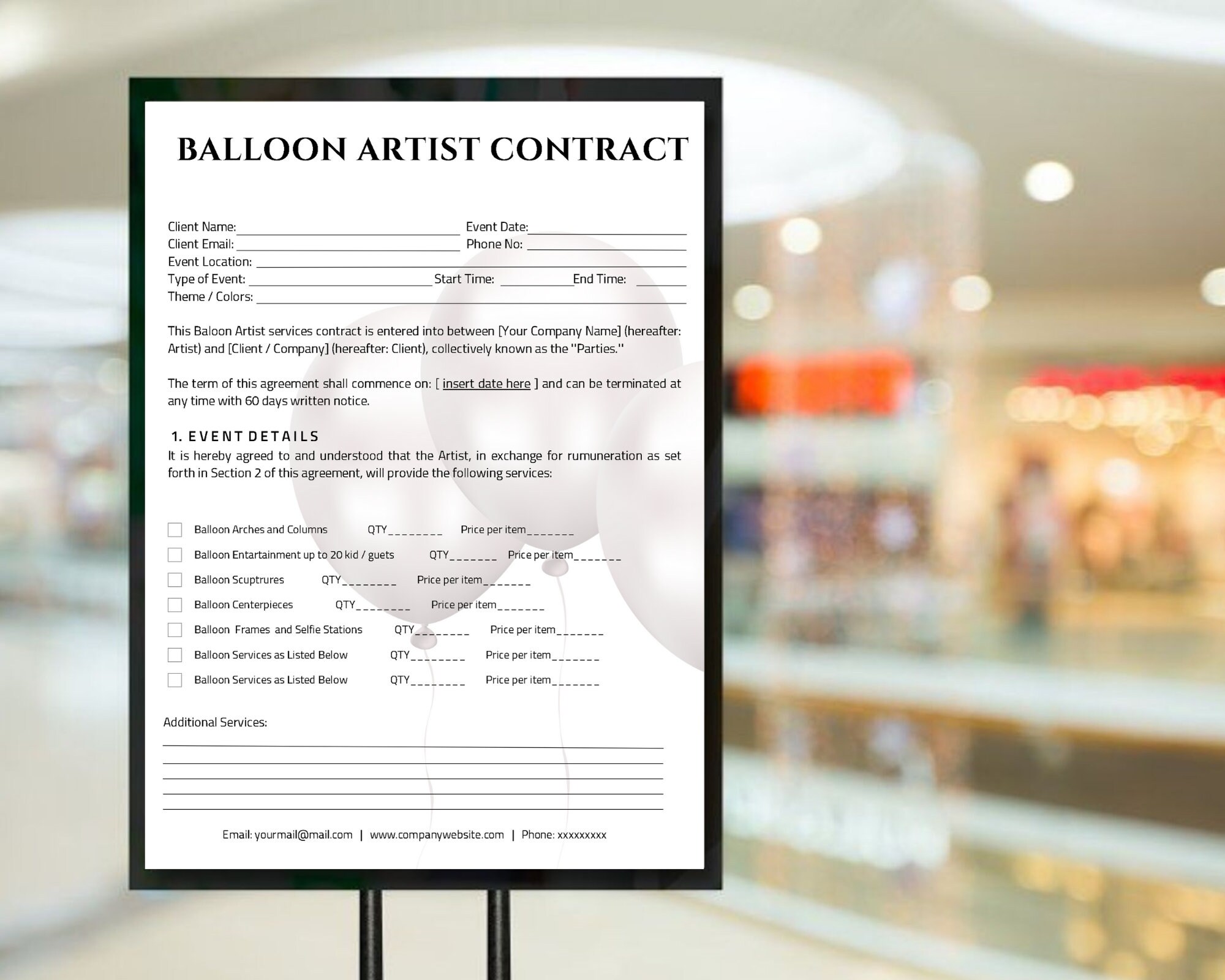 BALLOON CONTRACT, Editable Balloon Artist Contract, Balloon Business ...