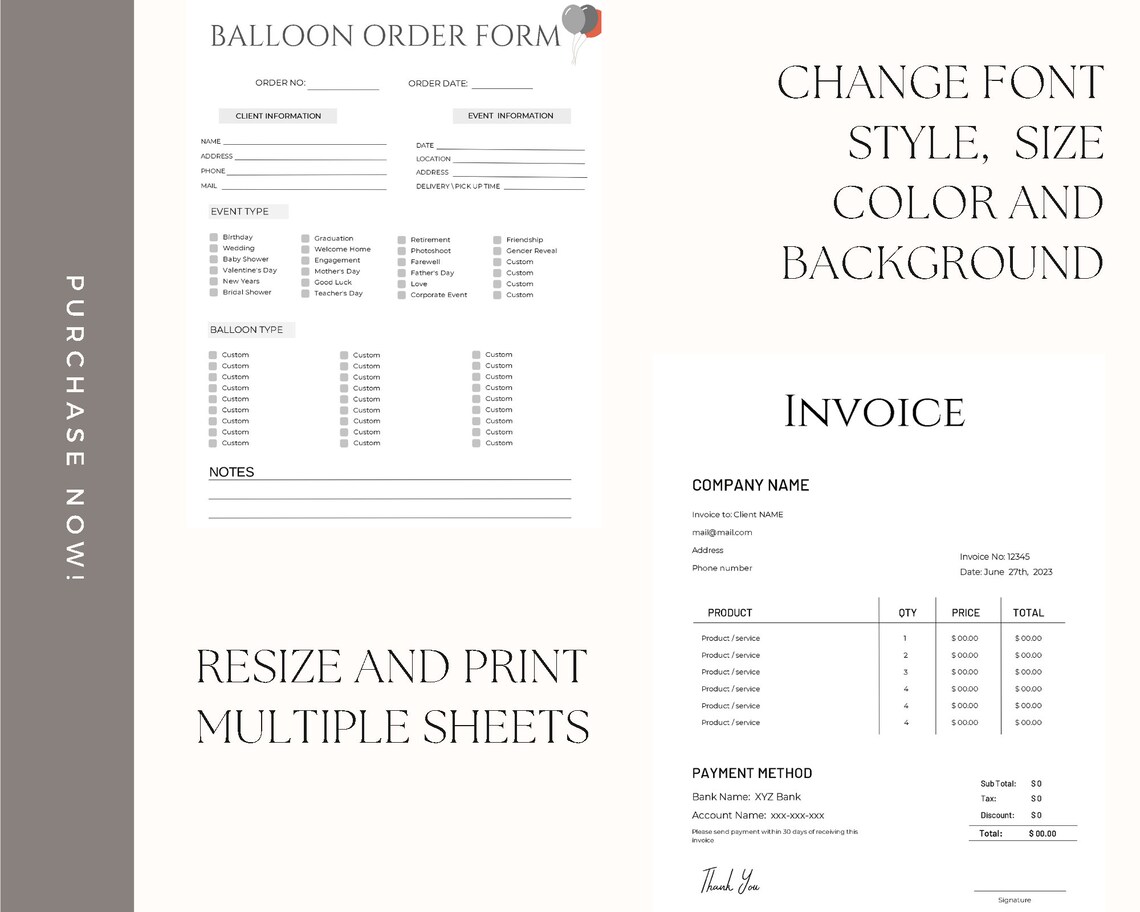 Balloon Order Form and Invoice Template, Balloon Order Form, Baloon ...