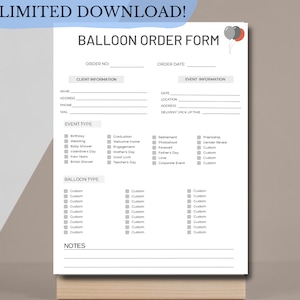 Balloon Order Form, Editable Balloon Order Form, Balloon Order Tracker ...