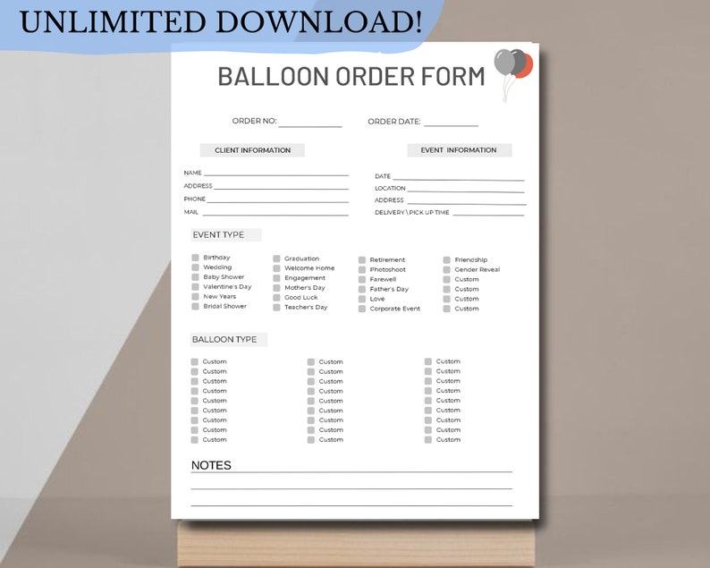 Balloon Order Form, Editable Balloon Order Form, Balloon Order Tracker ...