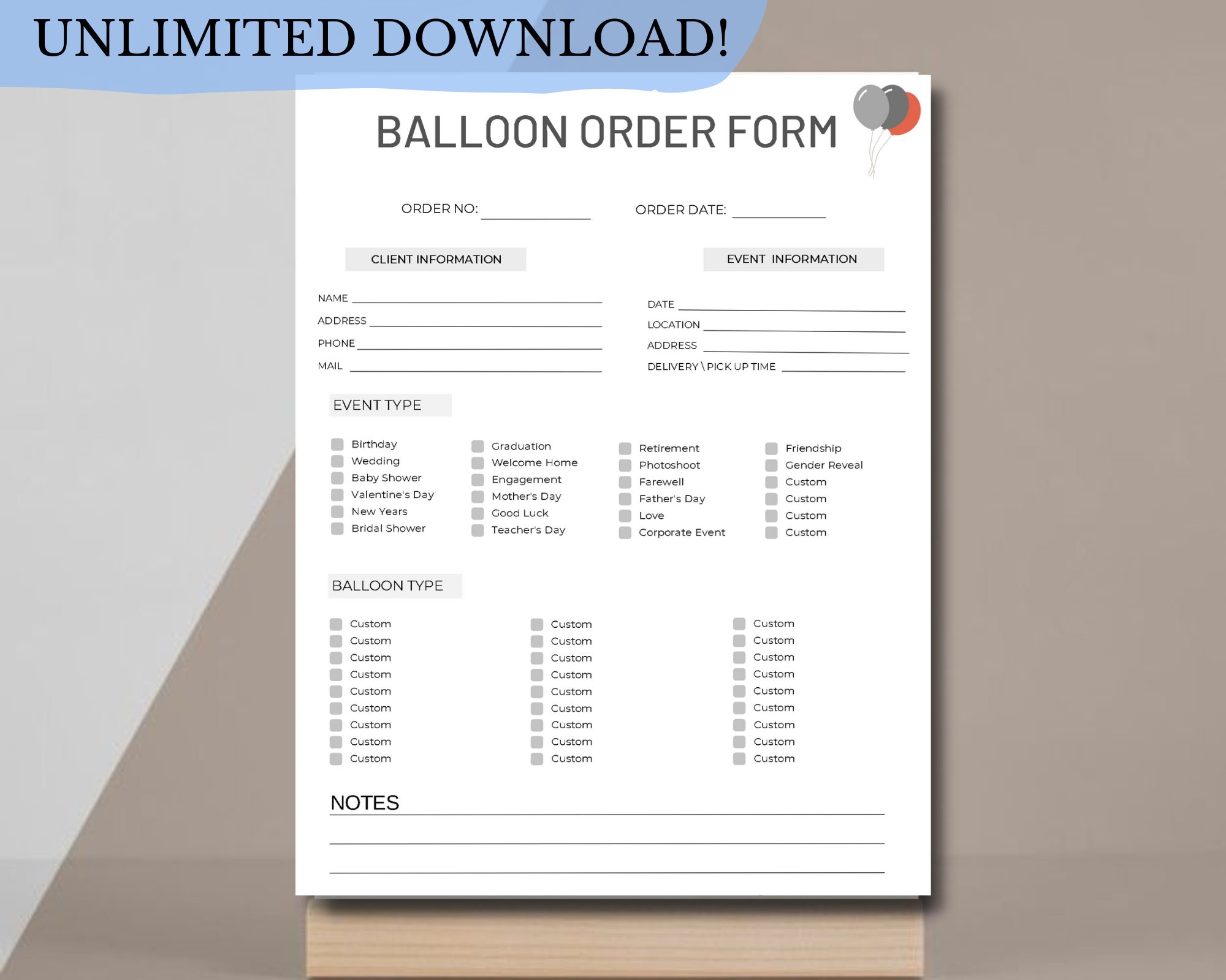 Balloon Order Form, Editable Balloon Order Form, Balloon Order Tracker ...