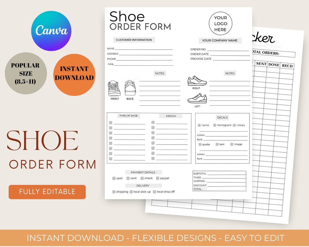 Shoe Order Form, Editable Shoe Order Form,footwear Order Form Template ...