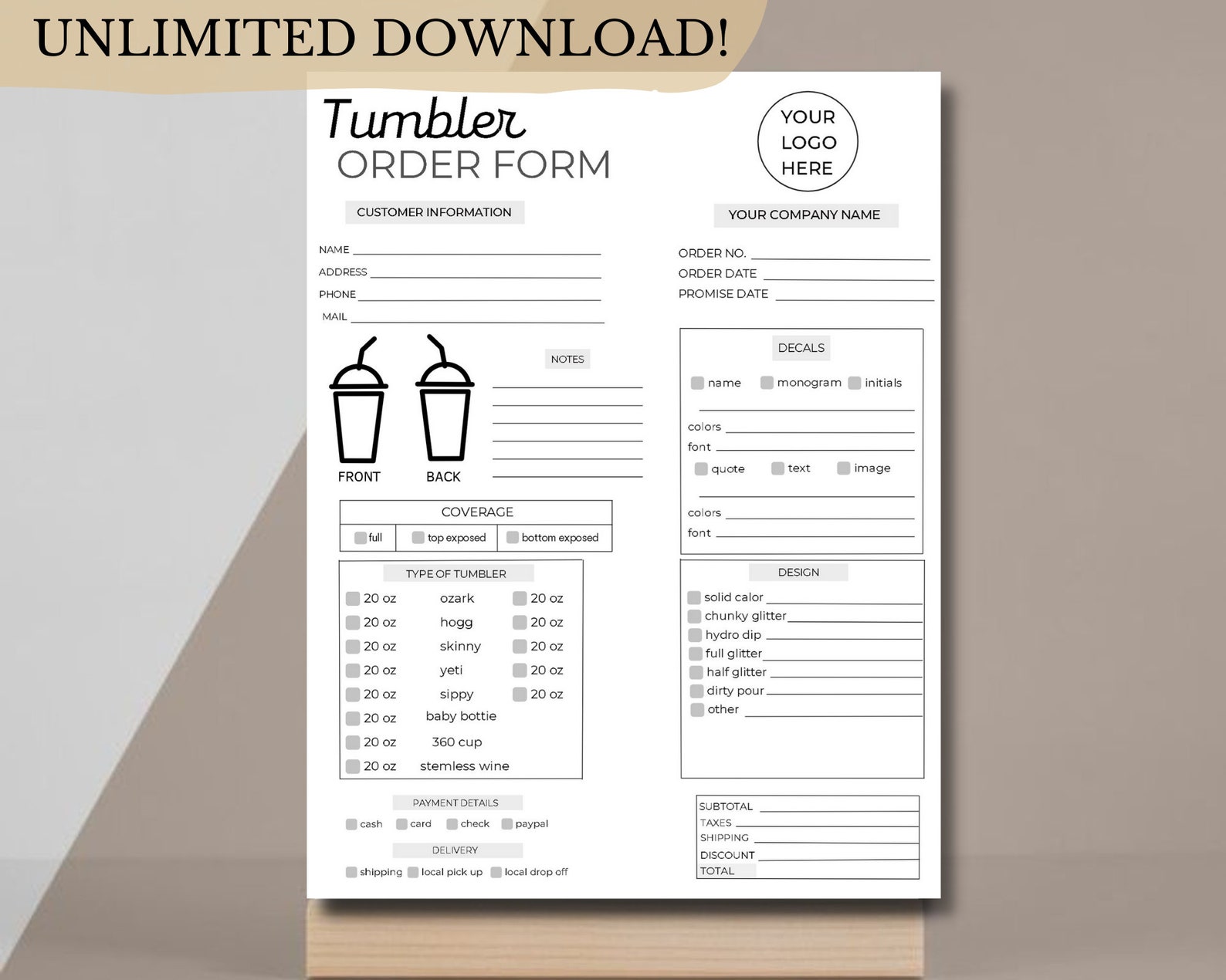 Editable Tumbler Order Form Template, Small Business Form (8.5x11 ...