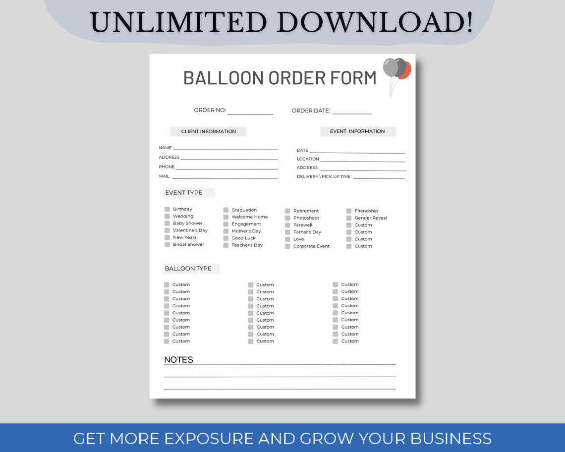 Balloon Order Form, Editable Balloon Order Form, Balloon Order Tracker ...