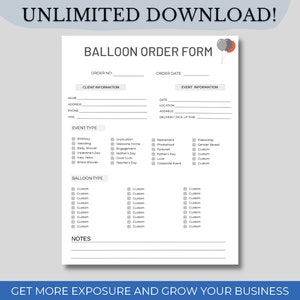 Balloon Order Form, Editable Balloon Order Form, Balloon Order Tracker ...