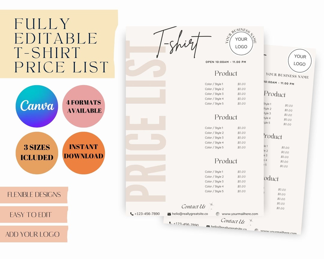 T-shirt Price List Template, Editable Business Pricing Guide (canva ...