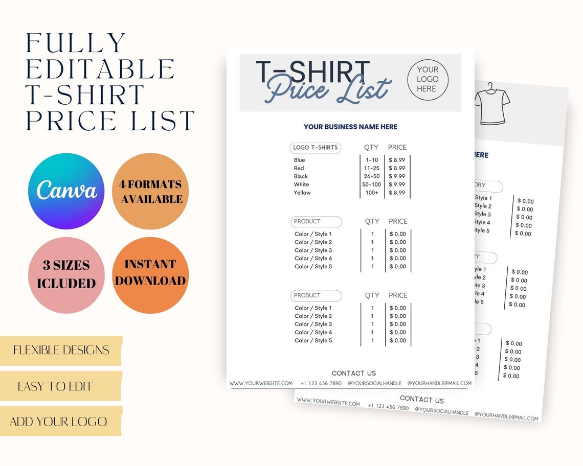 Tshirt Price List, Tshirt Pricing Template, Tshirt Price List Template ...