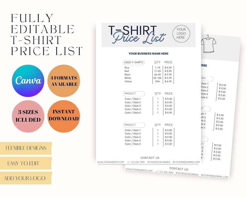 Tshirt Price List, Tshirt Pricing Template, Tshirt Price List Template ...