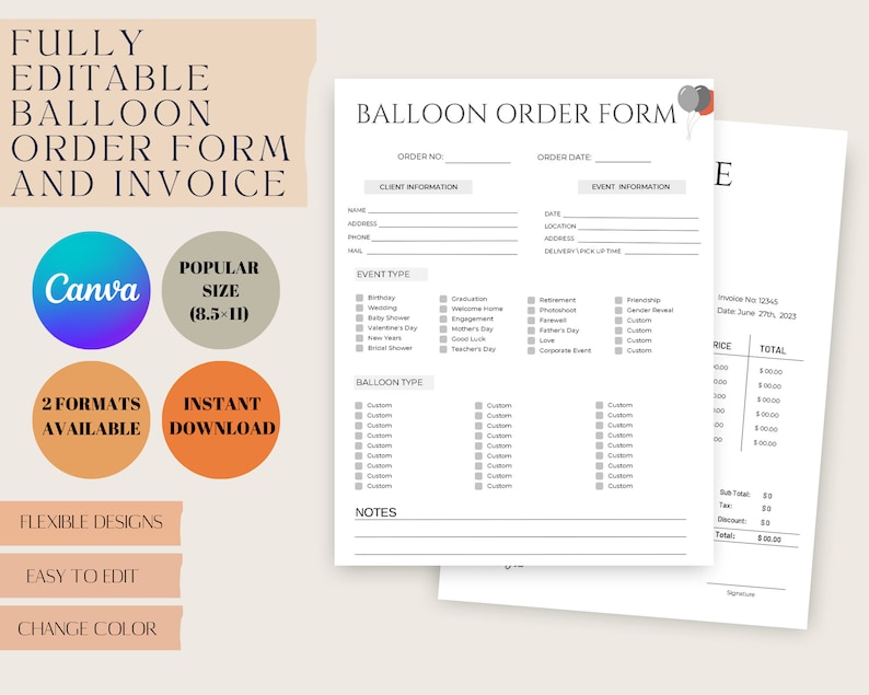 Balloon Order Form and Invoice Template, Balloon Order Form, Baloon Invoice, Balloon Menu ...