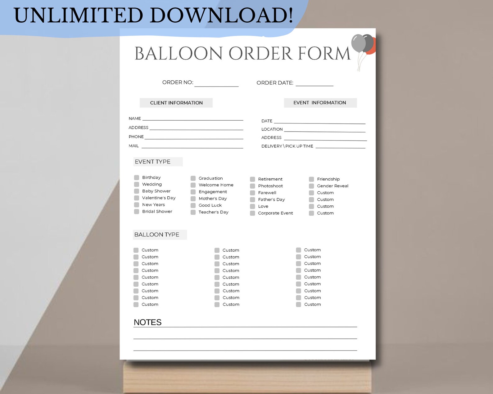 Balloon Order Form and Invoice Template, Balloon Order Form, Baloon ...