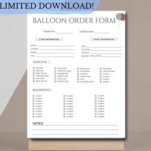 Balloon Order Form and Invoice Template, Balloon Order Form, Baloon ...