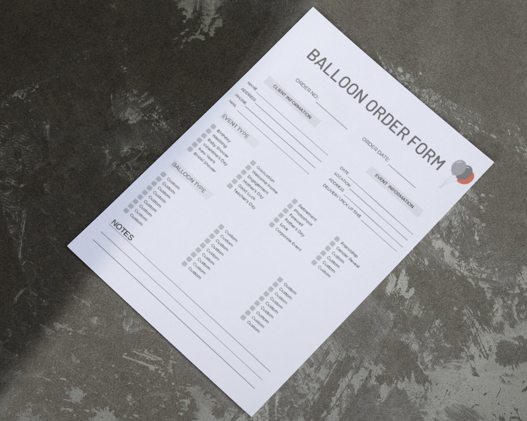 Balloon Order Form, Editable Balloon Order Form, Balloon Order Tracker ...