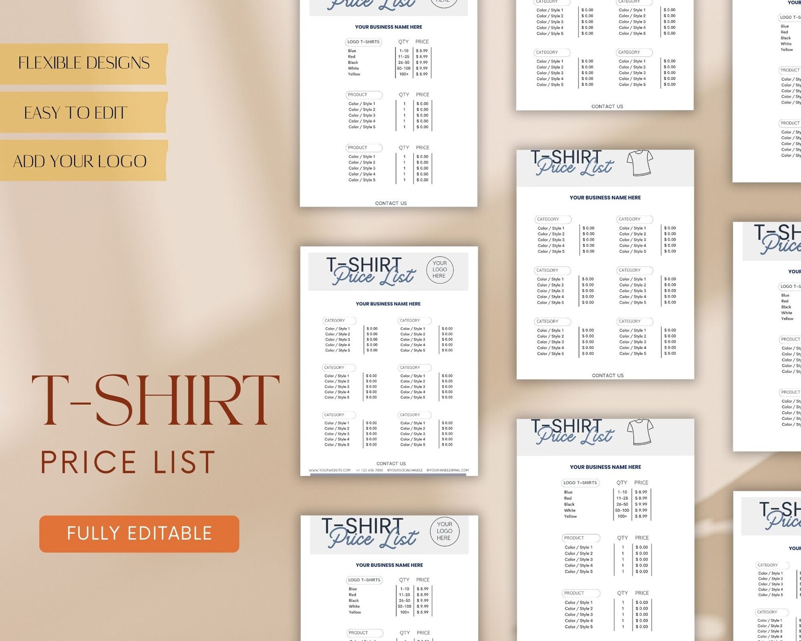 Tshirt Price List, Tshirt Pricing Template, Tshirt Price List Template ...
