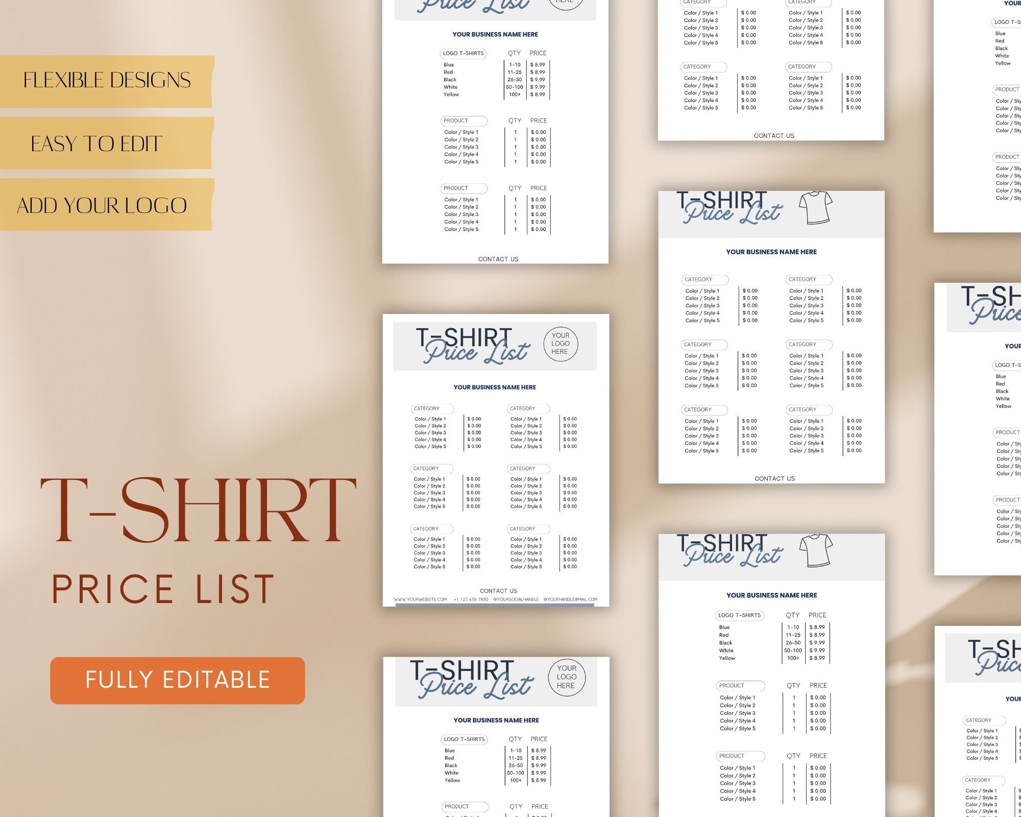 Tshirt Price List, Tshirt Pricing Template, Tshirt Price List Template ...