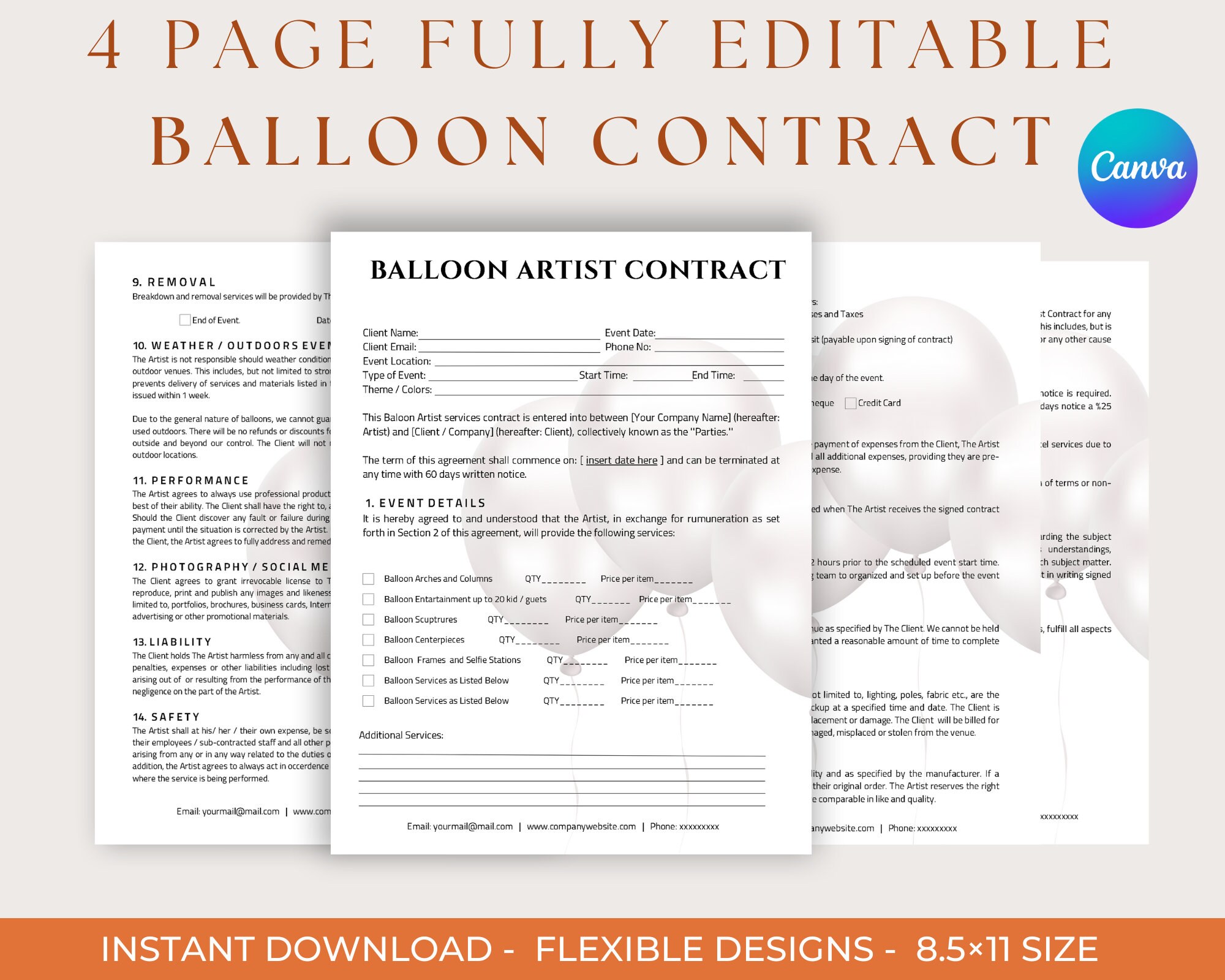BALLOON CONTRACT, Editable Balloon Artist Contract, Balloon Business ...