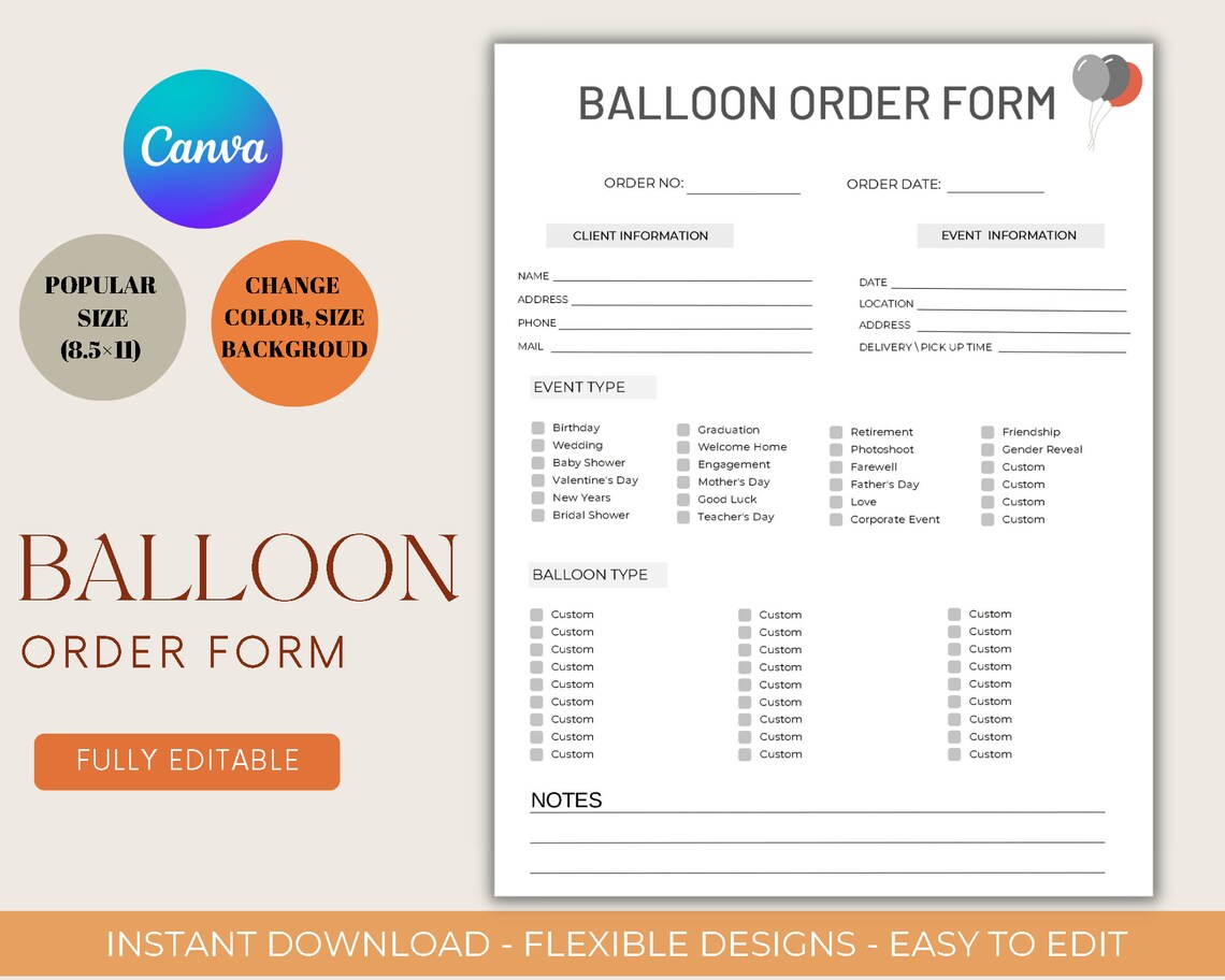 Balloon Order Form, Editable Balloon Order Form, Balloon Order Tracker ...
