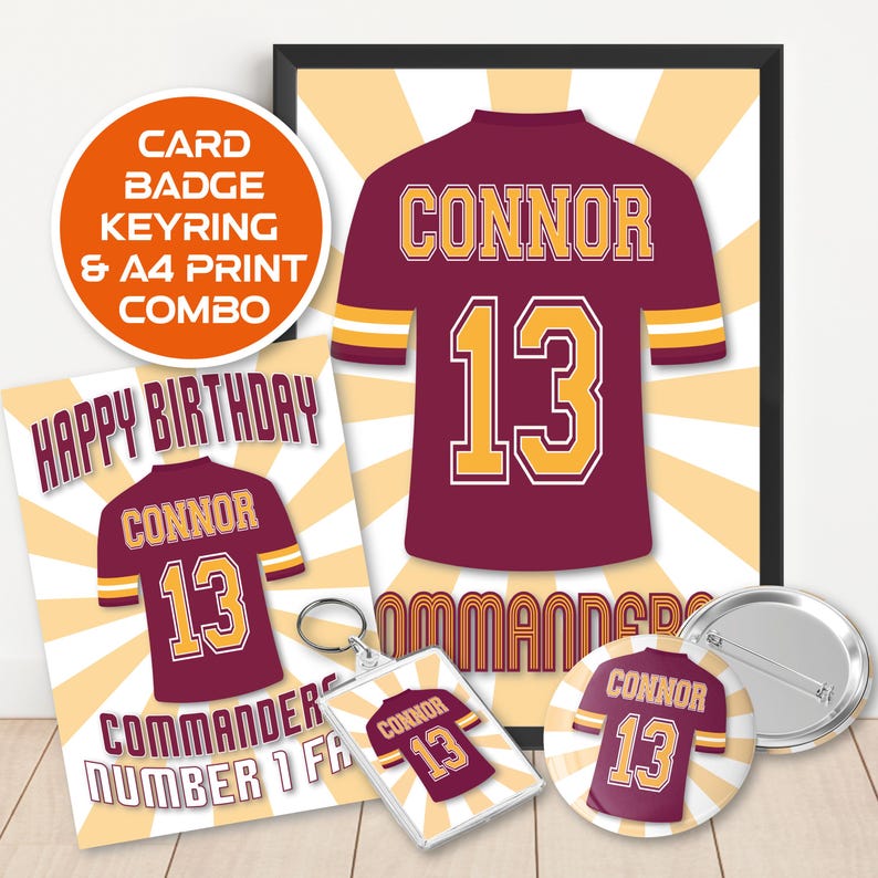 Washington Commanders Birthday Card, Badge, Keyring and Print Combo ...