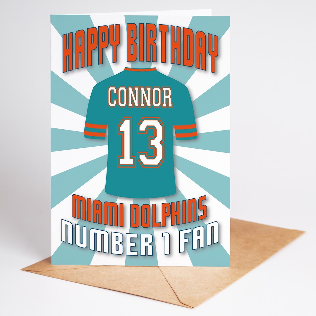 Miami Dolphins NFL Shirt Age and Name Personalised Birthday Card ...