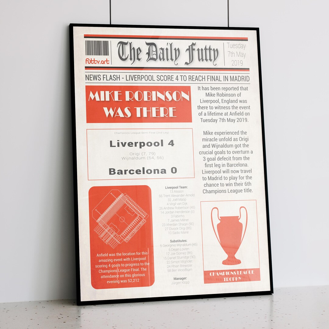 Liverpool Personalised Newspaper Front Page Print - Liverpool 4 ...