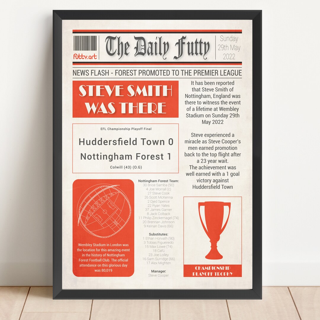 Nottingham Forest Personalised Newspaper Front Page Print Championship ...