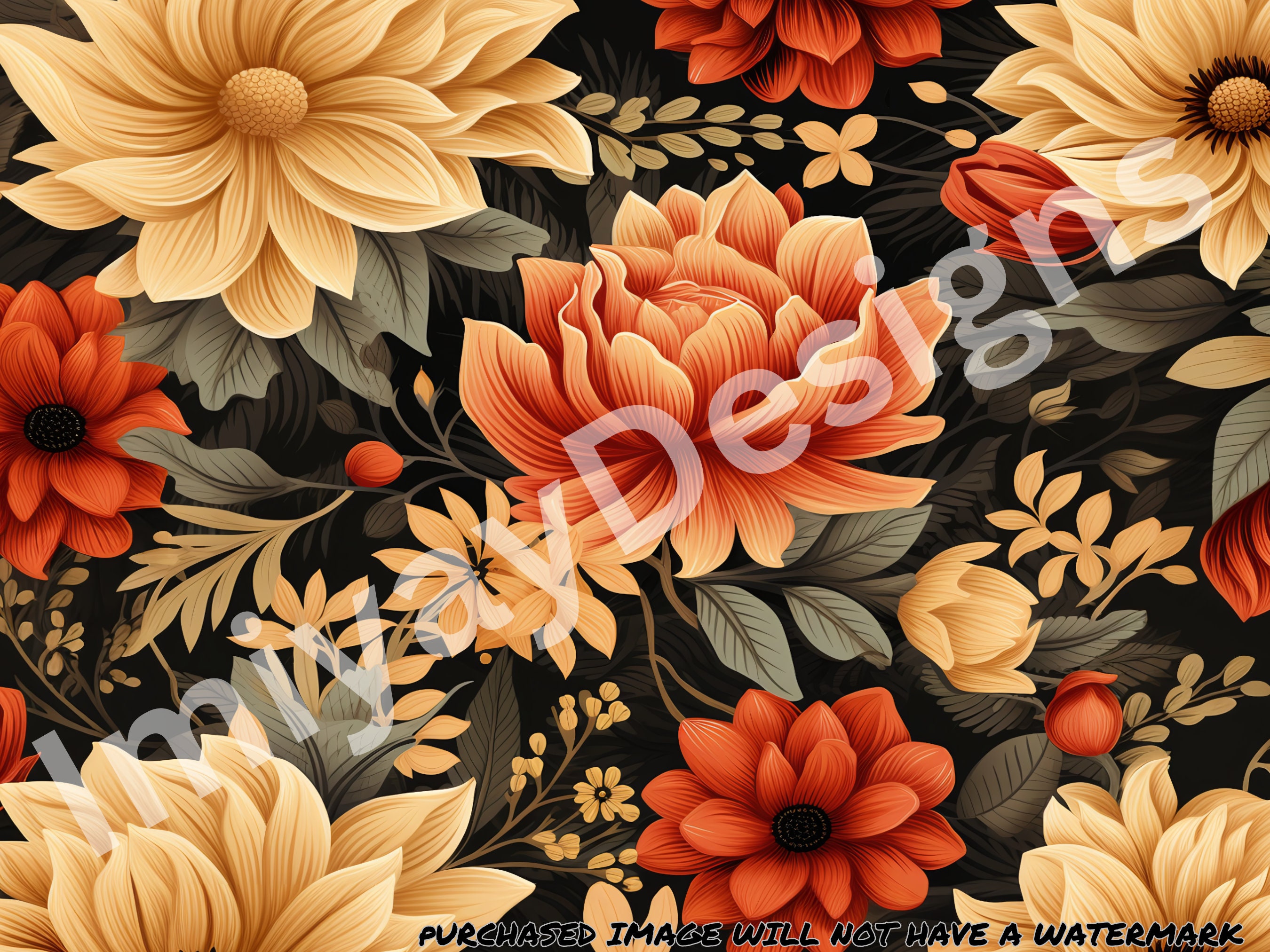 Burnt Orange and Yellow Floral Mural Dark Background 20oz & - Etsy