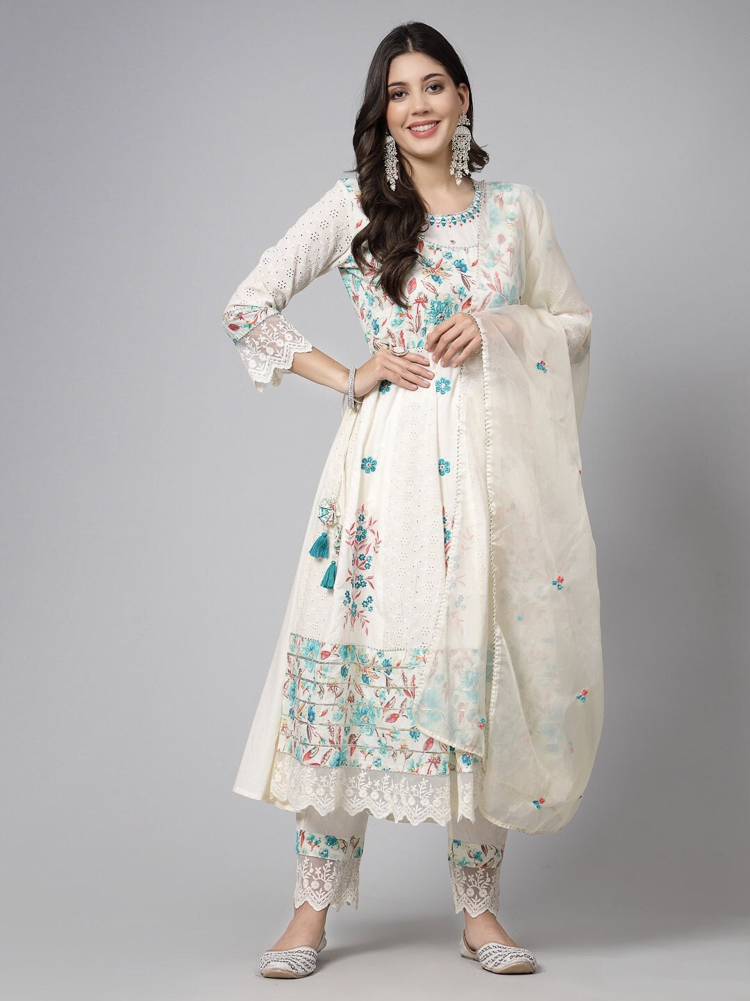 A-line Kurta With Embroidery and Lace Detail, Lace Border Pants ...