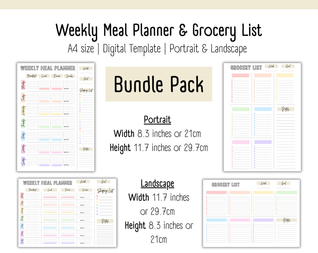 Digital Weekly Meal Planner & Grocery List portrait and Landscape - Etsy