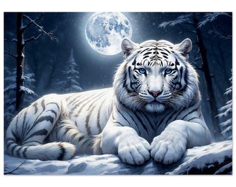 Beautiful White Tiger in the Moonlight With Waterfalls Wildlife Matte ...