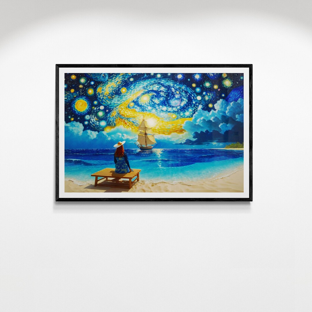 Tropical Beach Starry Night Style, Tropical Beach Premium Matte Paper ...