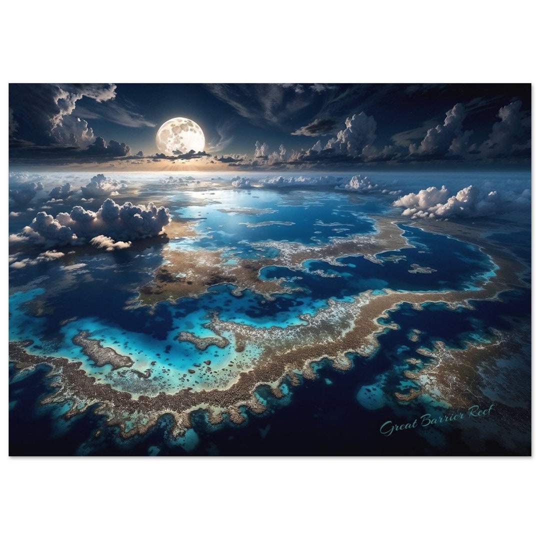 Great Barrier Reef Print Wall Art, Full Moon Night Art Decor, Great ...