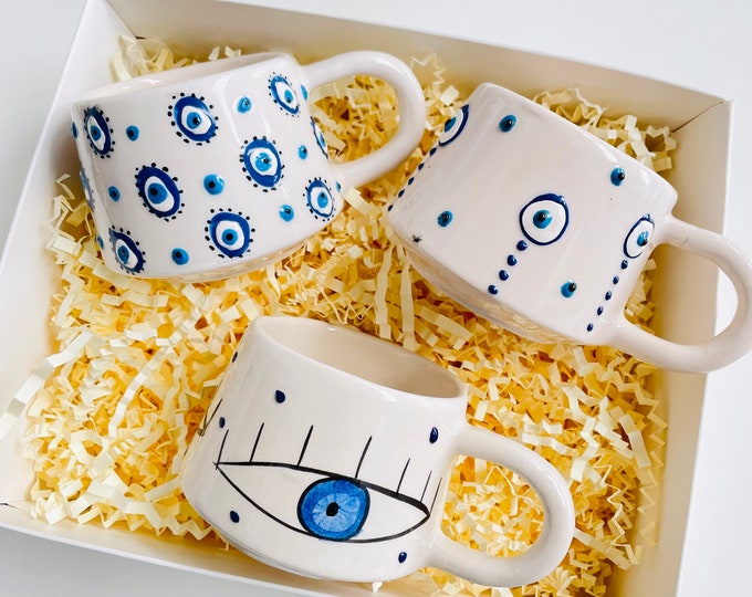 Handmade Ceramic Mug, Evil Eye Mug, Coffee Mug, Tea Mug, Coffee Lover ...