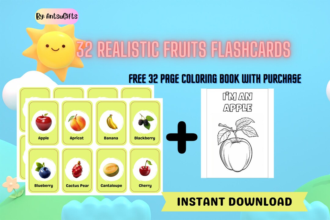 Realistic Fruits Flashcards, Montessori Learning, Coloring Book ...