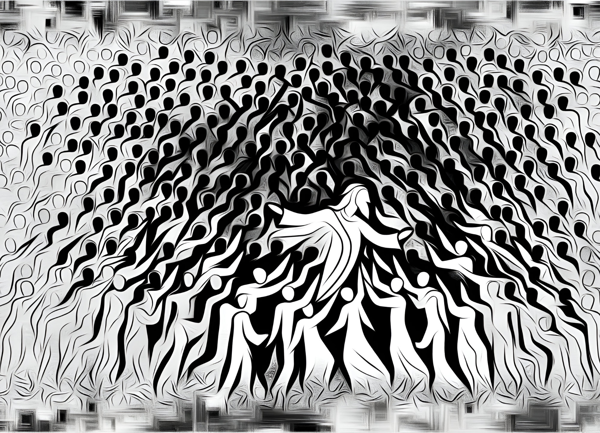 Humans Touch Jesus Abstract Art Print - Black and White Dynamic Figures ...