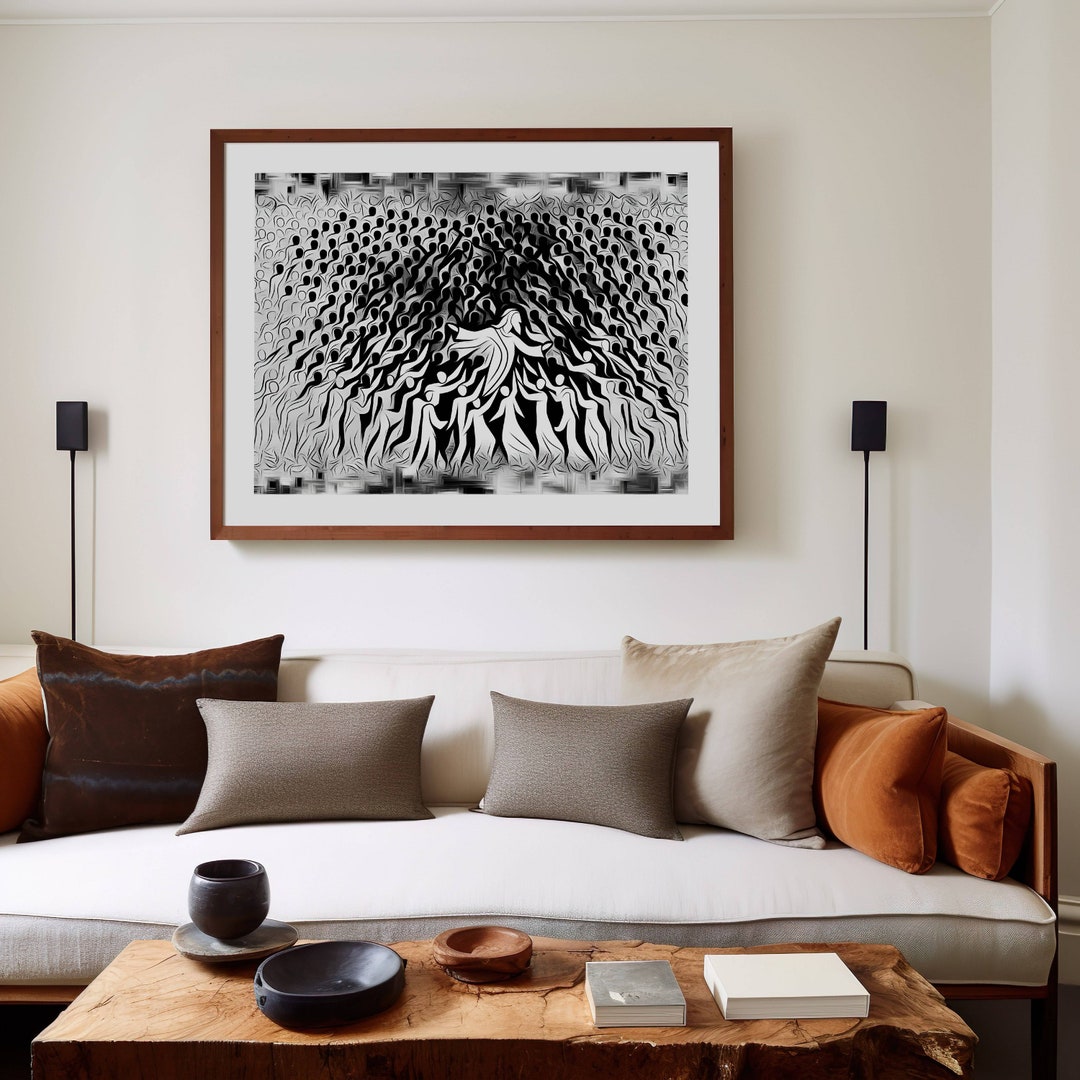 Humans Touch Jesus Abstract Art Print - Black and White Dynamic Figures ...