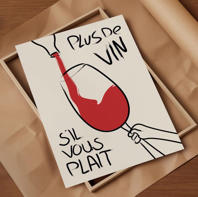 Plus De Vin Print, French Wine Art Poster, Bar Cart Art Print, Fun ...