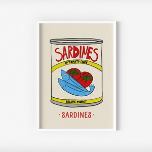 Tinned Sardines Poster, Vintage Hand Drawn Fish Food Art, Retro ...