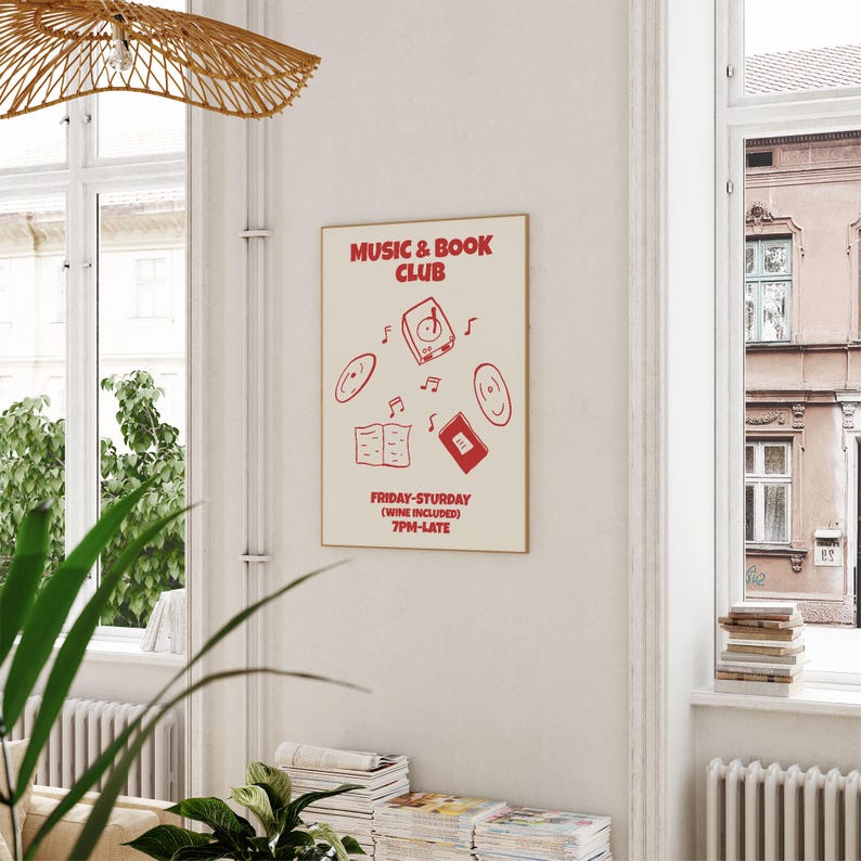 Music & Book Club Poster, Aesthetic Home Decor, Retro Wall Art, Reading ...